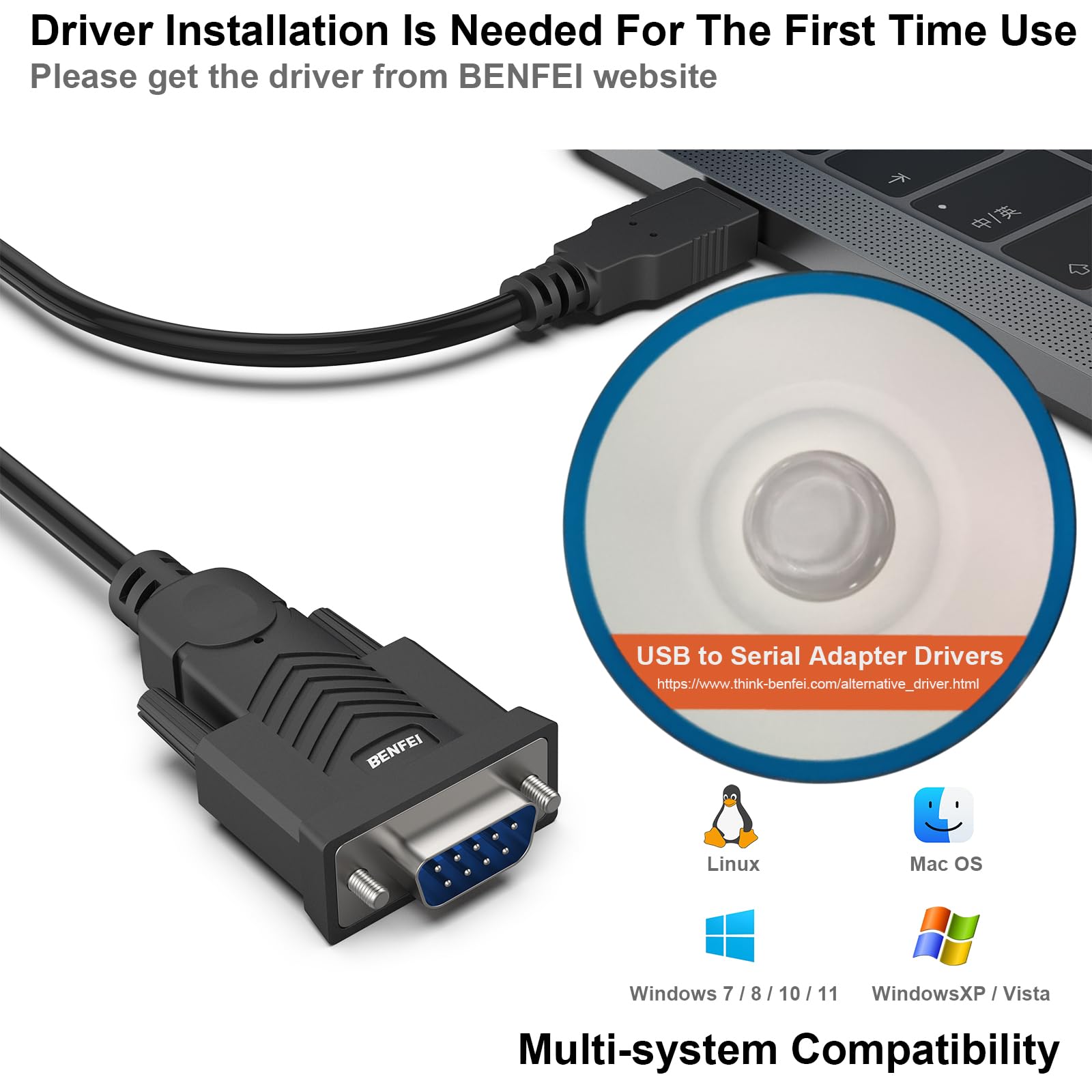 BENFEI USB to Serial Adapter, USB to RS-232 Male (9-pin) DB9 Serial Cable, Prolific Chipset, Windows 11/10/8.1/8/7, Mac OS X 10.6 and Above, 1.8M(Not VGA)