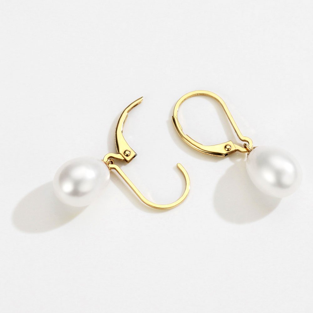 18K Gold Freshwater Cultured Pearl Drop Dangle Earrings Leverback 8-9mm Pearl Jewelry for Women