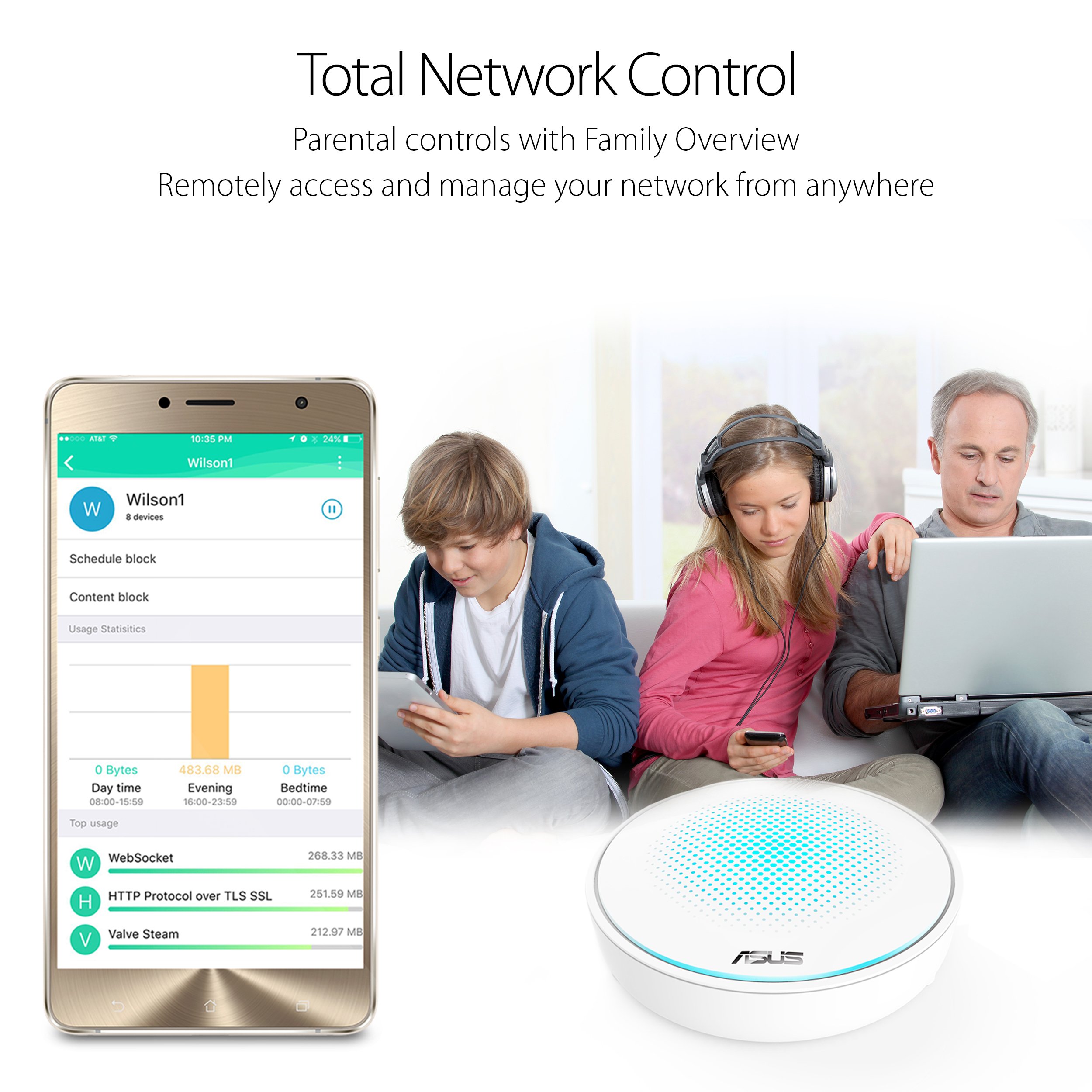ASUS Home Wi-Fi System, Pack of 3 (for large homes), Tri-Band Mesh Networking Wireless AC2200 Routers with AI Protection - MAP-AC2200