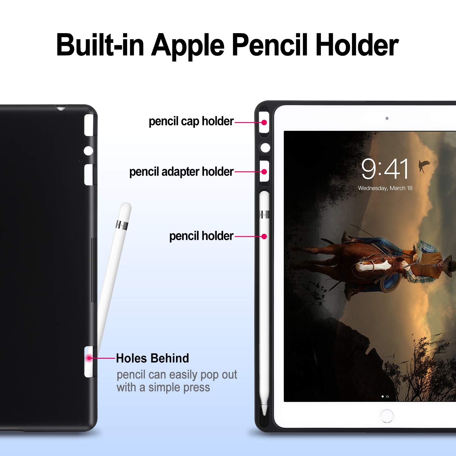 DTH-PANDA iPad Air 3rd Generation Case, iPad Pro 10.5 Inch 2019/2017 Cover, with Apple Pencil Holder, PU Leather with Pocket, Auto Sleep/Wake Function (Crow Black)