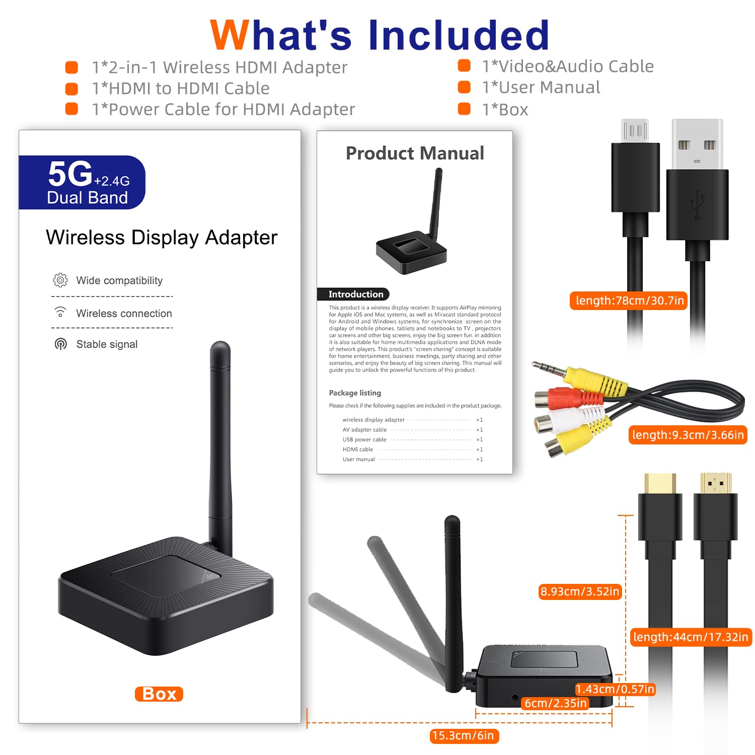2-in-1 Wireless HDMI Adapter Display Dongle, Wireless HDMI Receiver (No Need Transmitter) Works with iOS/Mac OS/Android/Windows, Smartphone/PC/Laptop to HD TV/Projector/Monitor Extender