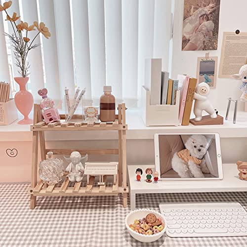 BestAlice Wooden Double Layer Rack Desk Storage Organizer, Foldable Wooden 2-Tier Ladder Shelves, Durable Shelf Flower Pot Seasoning Storage Racks, Sundries Storage Shelf Home Decor Organizer, Ladder