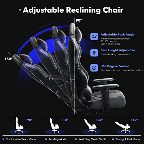 Big and Tall Gaming Chair 350lbs-Racing Style Computer Gamer Chair,Ergonomic Desk Office PC Chair with Wide Seat, Reclining Back, Adjustable Armrest for Adult Teens-Black/Grey