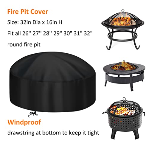 30-Inch Fire Pit Cover for 28-32 inch Round Fire Pit, Heavy Duty 300D Oxford Fabric Waterproof Dustproof Fire Bowl Cover All-Season Protection 32"Dia x 16"H