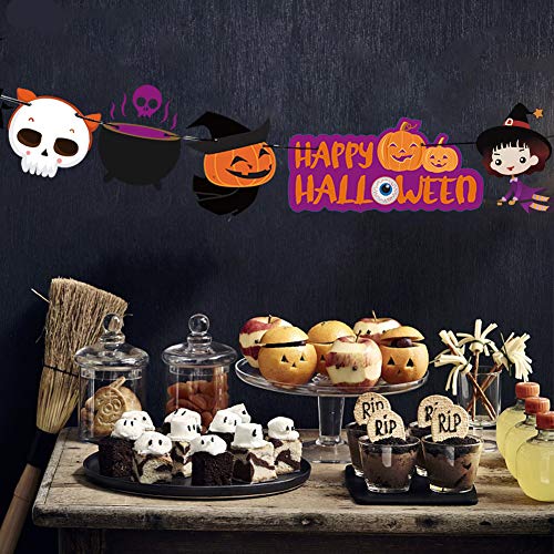 2023 Halloween Banner Party Decoration(Pre-Assembled)Cute Halloween Garland Bunting Banner Triangle Flag with Foil Swirl Ceiling Hanging Cards, Pumpkin Ghost Witches Bat Spider Skull Sticker