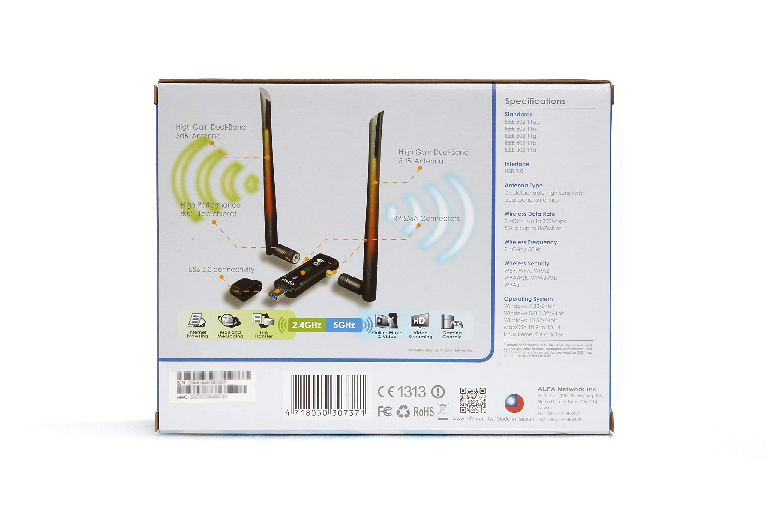 ALFA Network AWUS036ACM Long-Range Wide-Coverage Dual-Band AC1200 USB Wireless Wi-Fi Adapter w/High-Sensitivity External Antenna - Windows, MacOS & Kali Linux Supported