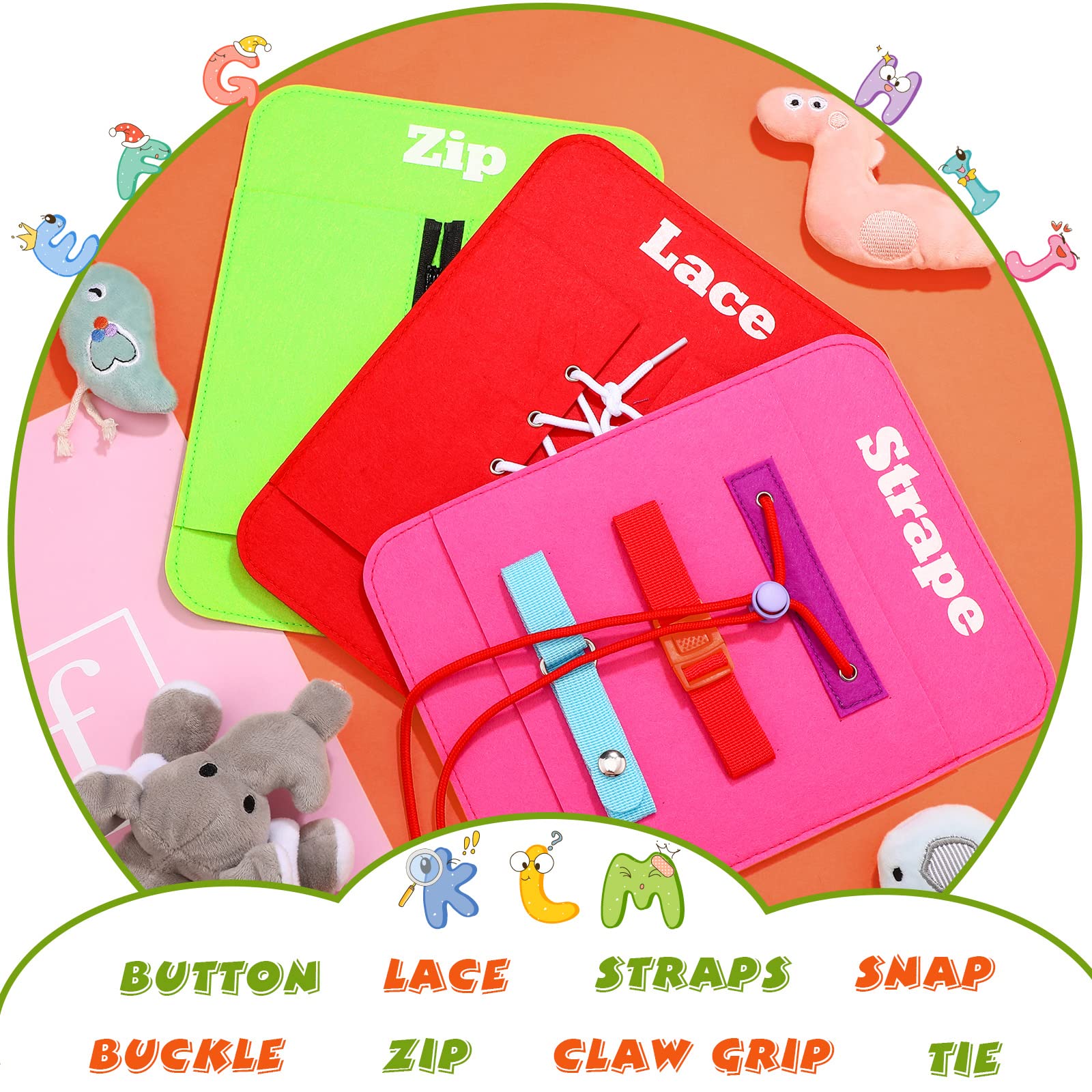8 Pieces Early Learning Toys Toddlers Learn to Dress Practice Boards Basic Life Skills Busy Board Includes Zip, Snap, Button, Buckle, Lace and Tie for Preschool Education Classroom Supplies Activity