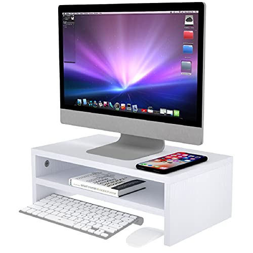 VLikeze White Monitor Stand Riser, 2 Tiers Computer Monitor Stand with Storage, Desktop Organizer Screen Shelf Laptop Riser Stand for Printer/TV/Notebook/PC, 16.5 Inches