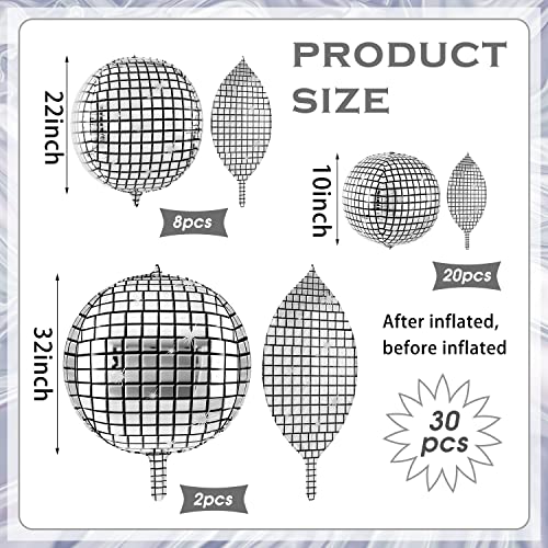 30 Pcs Disco Ball Balloons 32" 22" 10" 4D Disco Balloons 70s Disco Party Decorations Round Metallic Silver Disco Foil Balloons Mirror Disco Balloons for Disco Dance Party Birthday Wedding Supplies