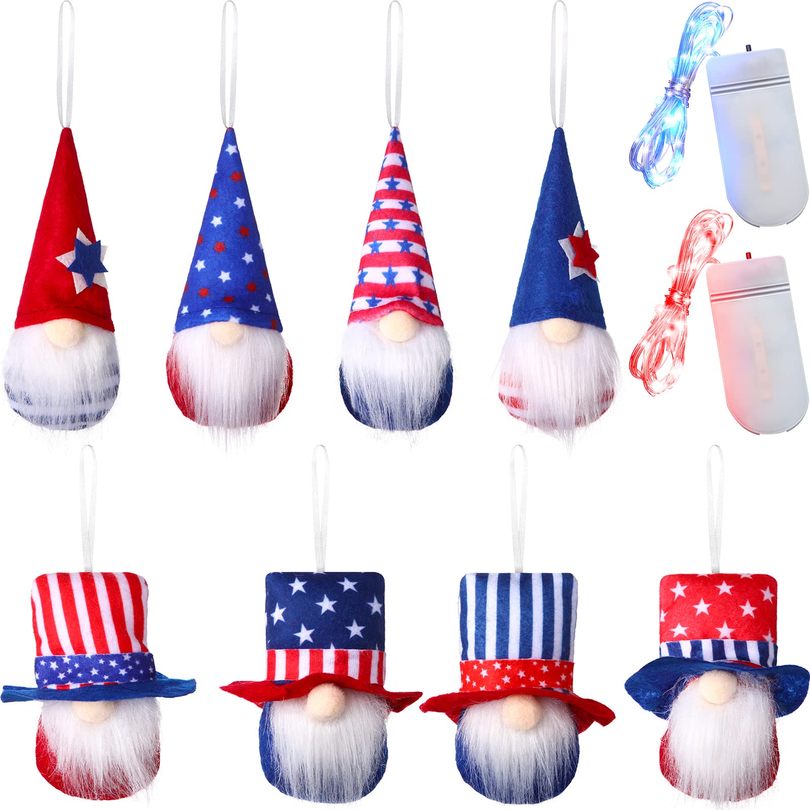 8 Pieces Patriotic 4th of July Gnome Ornaments American Independence Day Decorative Plush Dolls USA Classic Hanging Gnome with 6.6 Feet LED Light Chains for Home Garden Decoration, 8 Styles