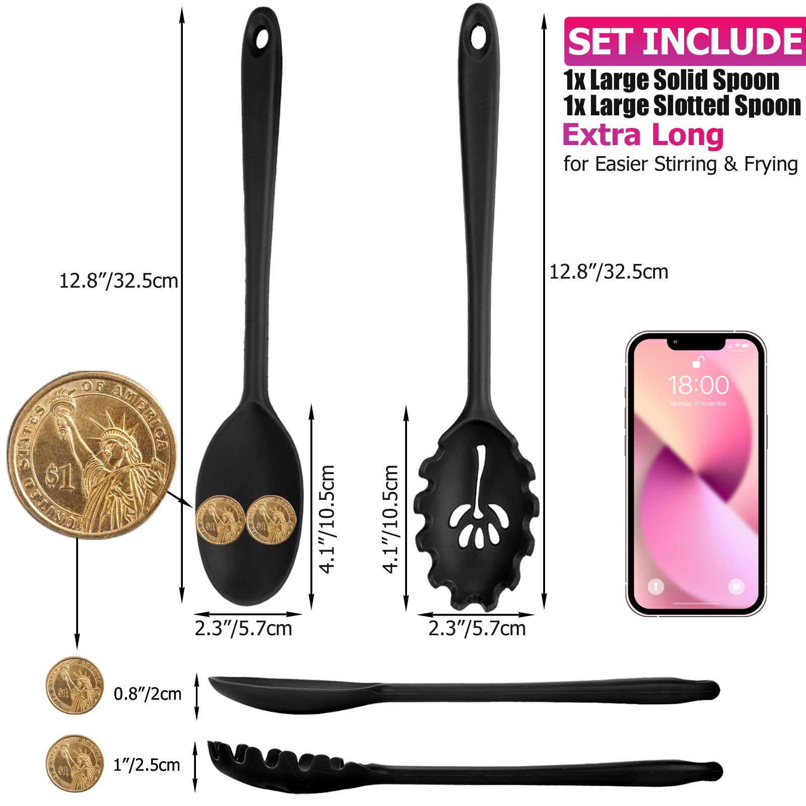 2 Pieces Silicone Cooking Spoons Set Heat Resistant Silicone Spoon Nonstick Mixing Spoons Spaghetti Sever Long Slotted Spoon, Silicone Serving Spoons 13 Inches for Stirring & Frying