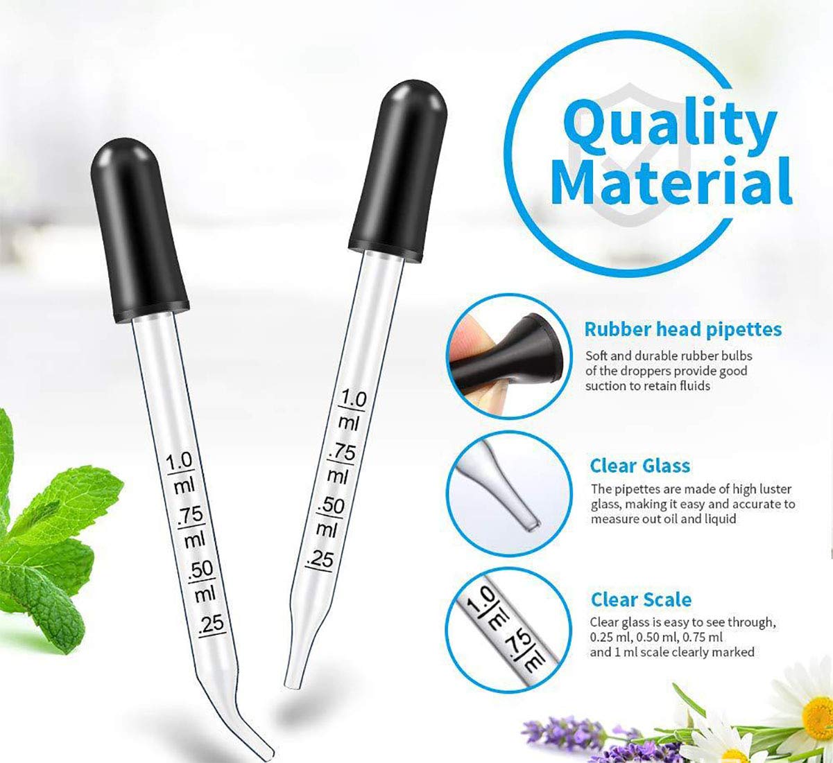 Eye Dropper for Essential Oils, Pipettes Dropper with Black Rubber Head, Calibrated Thick Glass Medicine Dropping Pipettes, 1ml Dropper Measurer, Dropper for Liquids, Straight-Tip, Bent-Tip, 5 Packs