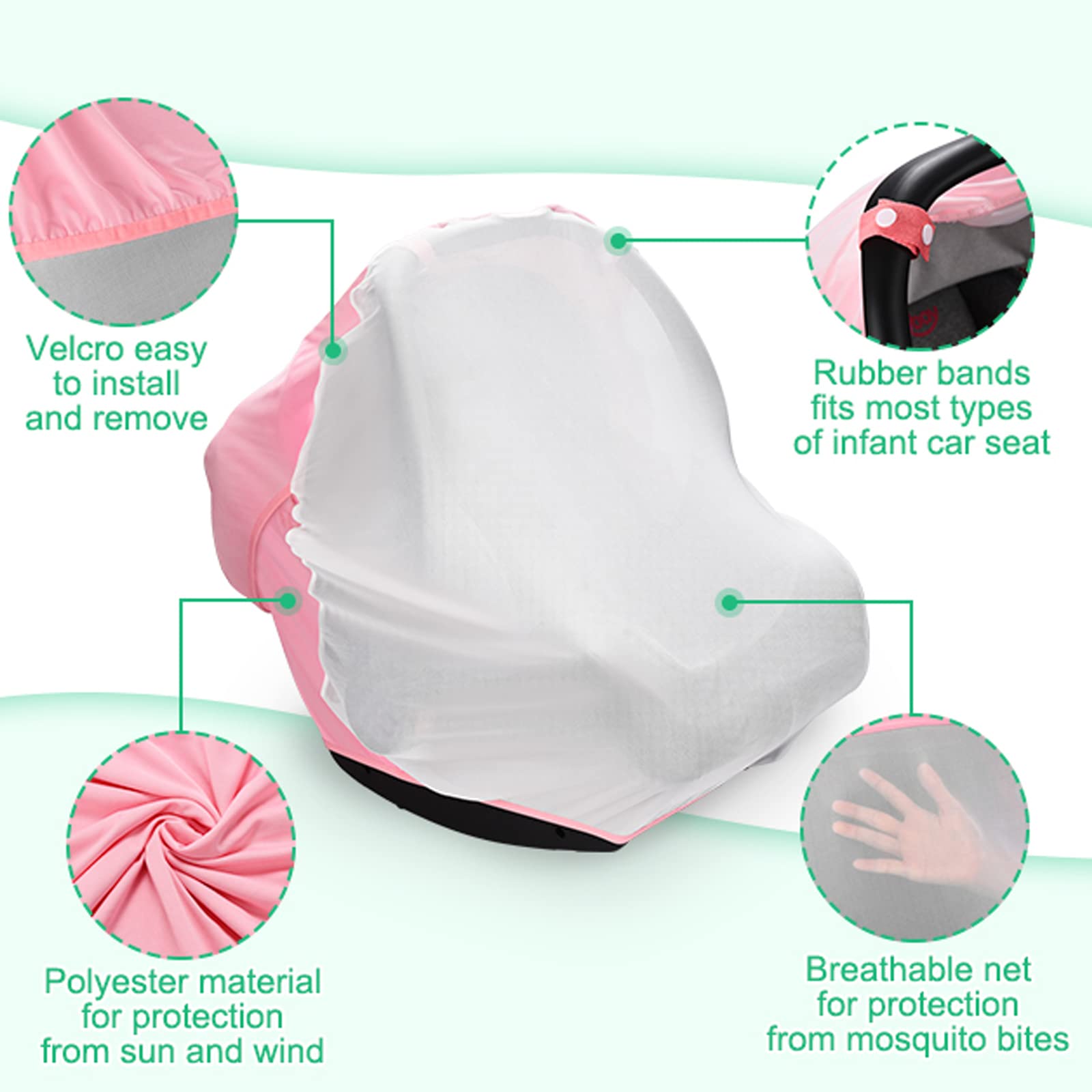 2-in-1 Baby Car Seat Cover, Infant Car Seat Canopy with Sun and Bug, Privacy Shade, Protects Babies from Mosquitoes, Wind, Sunlight, Universal Comfortable (Pink)