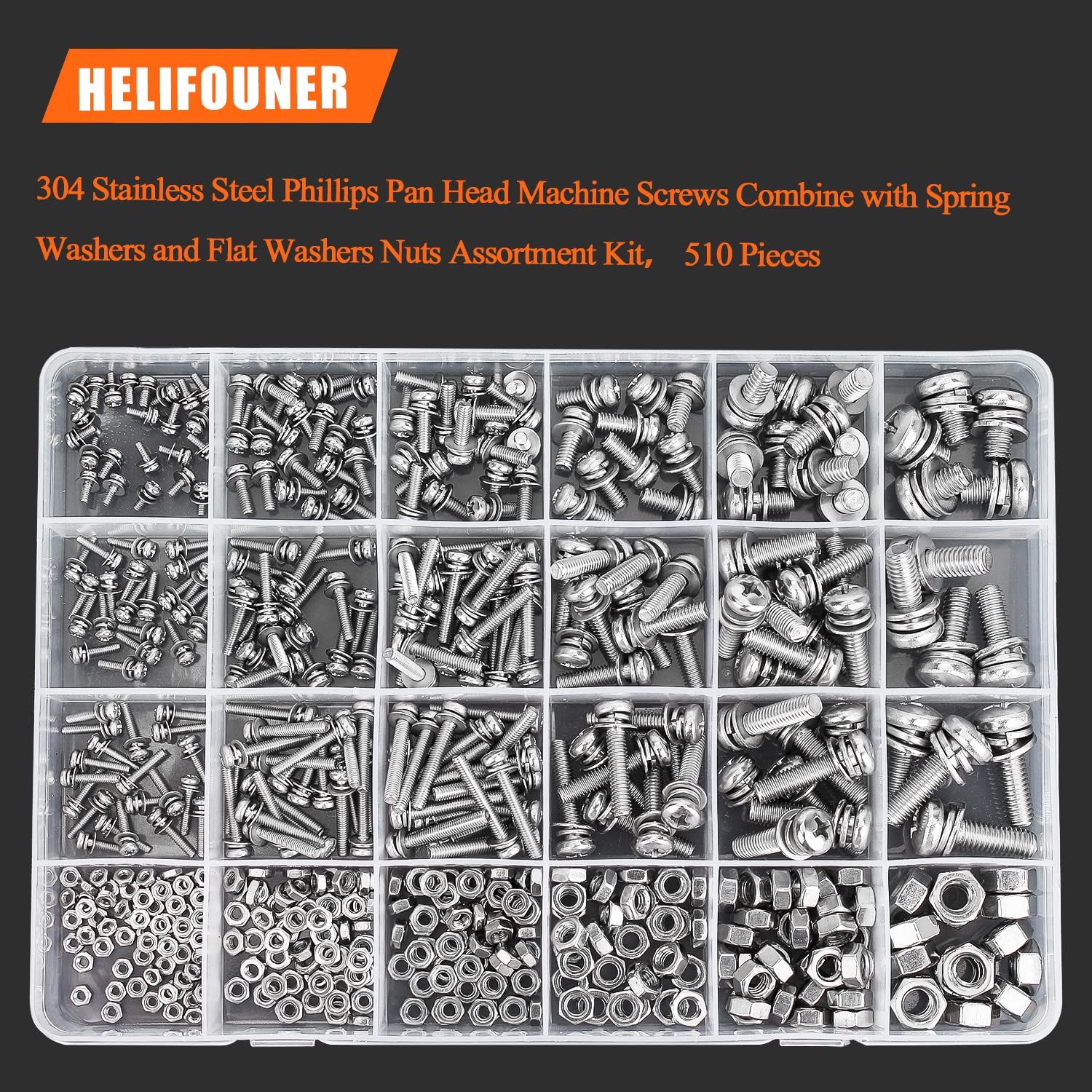 HELIFOUNER 510 Pieces Phillips Pan Head Machine Screws Nuts Washers Assortment Kit, Stainless Steel 304, Full Thread (M2 M2.5 M3 M4 M5 M6)