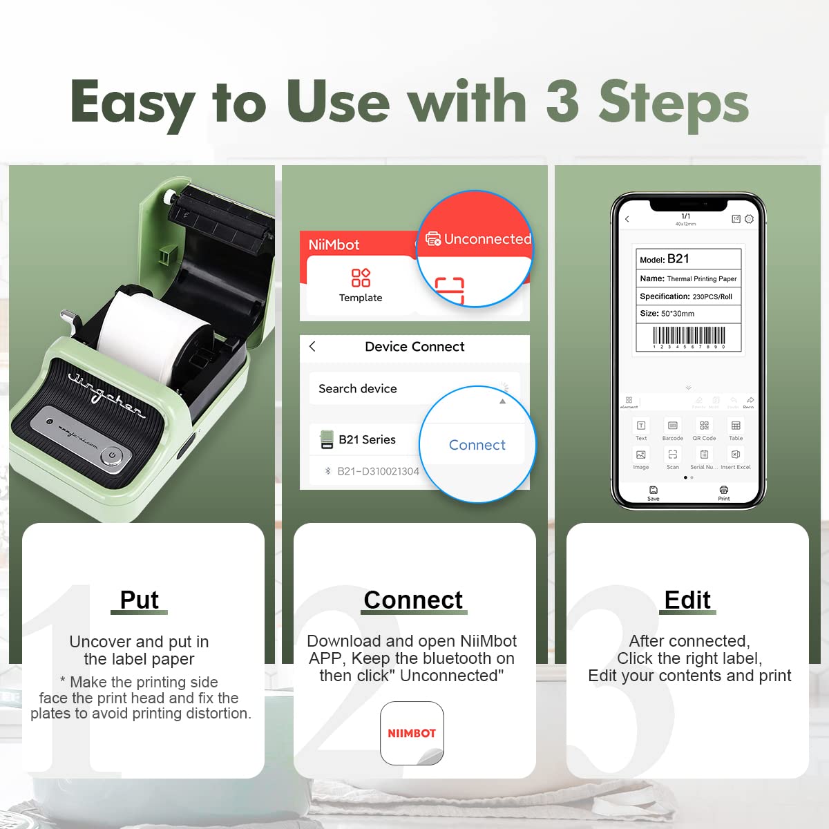 2 Inch Label Printer B21 with Tape, Wireless Bluetooth Portable Sticker Maker, Small Business Thermal Printer, Compatible iOS & Android, for All Purpose Barcode Address Text Labels (Green)