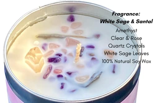 White Sage Smudge Candle with Rose Quartz and Amethyst Gemstone Crystals 100% Natural Soy Essential Oils (Lavender)