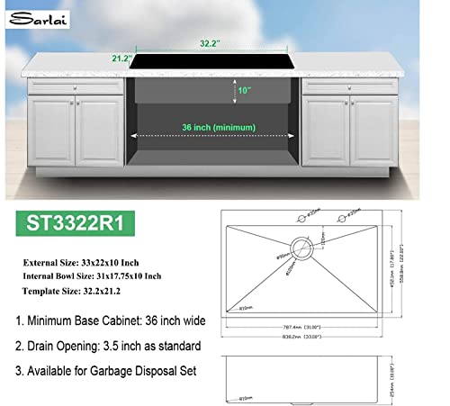 33 Kitchen Sink Drop In - Sarlai 33 x 22 Inch Kitchen Sink Topmount 16 Gauge Stainless Steel Deep Single Bowl Above Counter Kitchen Sinks Basin