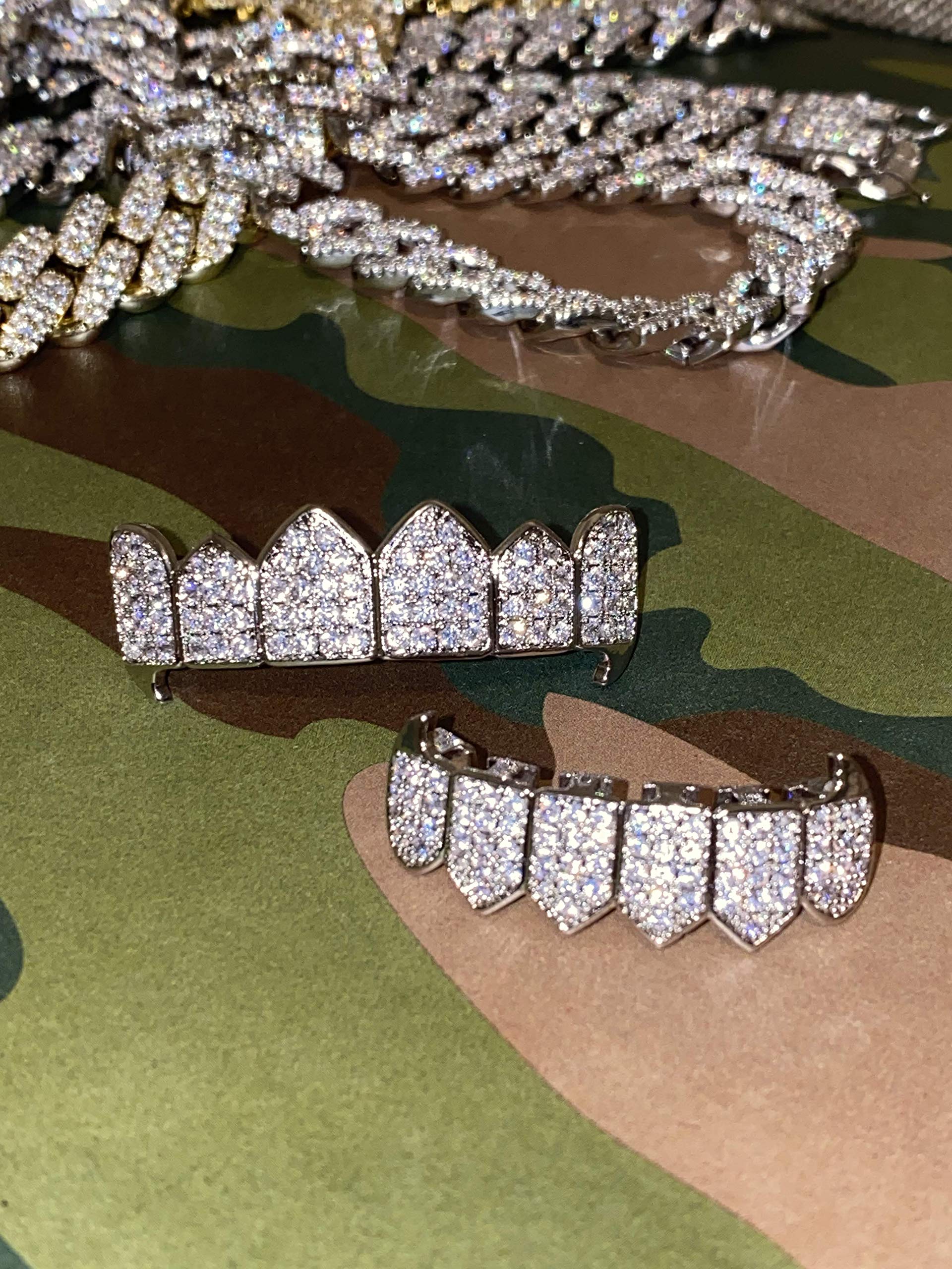 18K White Gold Plated CZ Cluster Custom Slugs Top Bottom GRILLZ Fangs Mouth Teeth Grills Set - Grillz, Teeth Cap, Iced Out Grillz (Top & Bottom Set)
