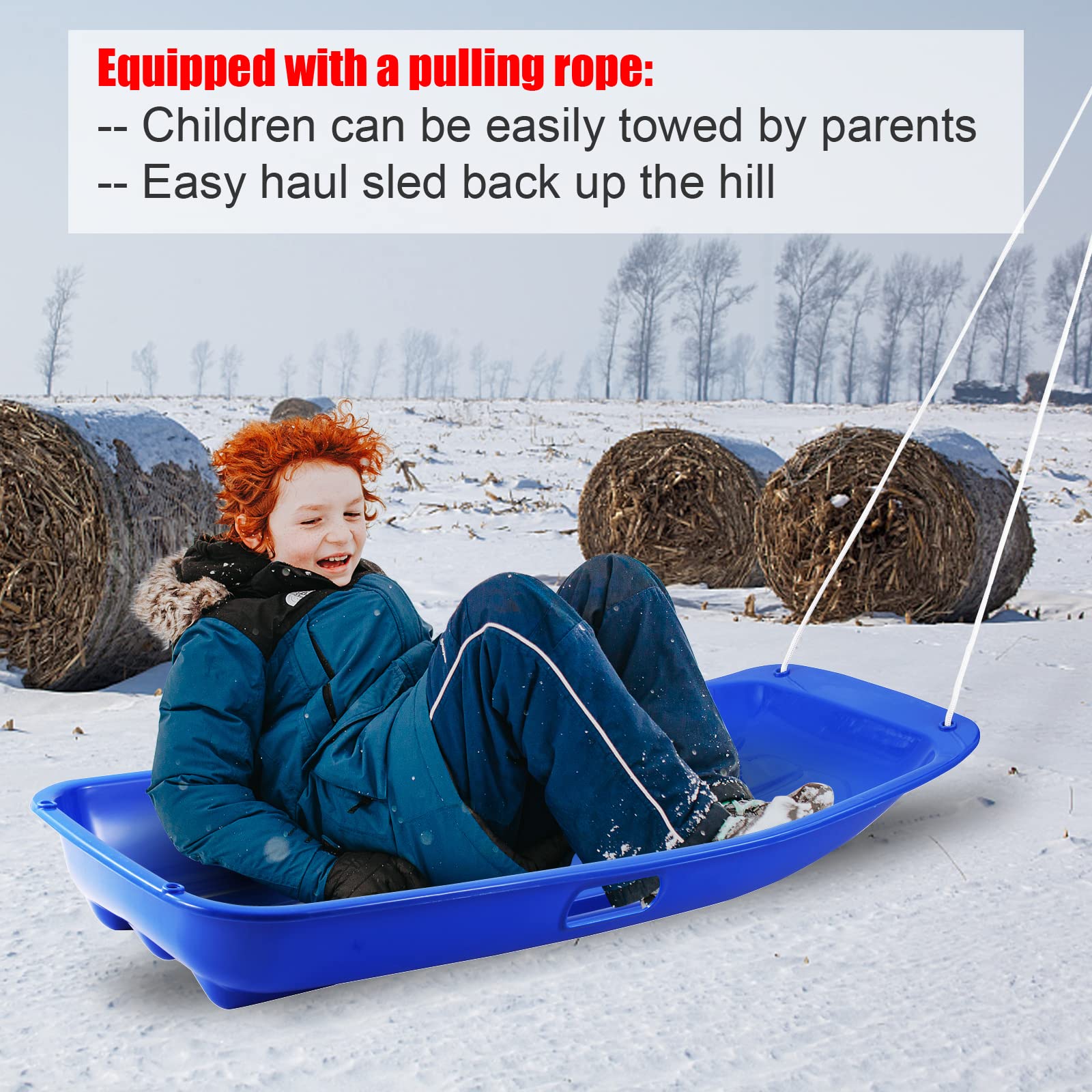 2 Pcs Plastics Snow Sled,Snow Sleds with Handle and Rope,Outdoor Winter Sledding Gift for Kids (Blue)