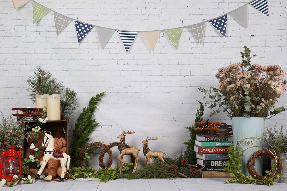 8'x12' White Brick Wall with Gray Wooden Floor Photography Backdrop Vinyl Background for Pictures D-2504