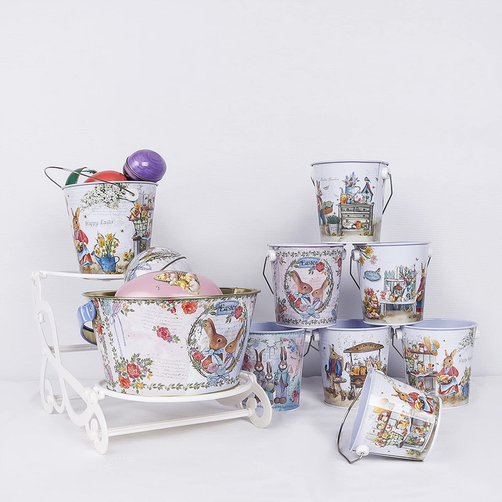 3 Pcs Easter Metal Buckets Easter Bunny Pail Baskets for Easter Eggs Hunt,Easter Pails Gift Baskets for Kids,Kids Easter Party Favor