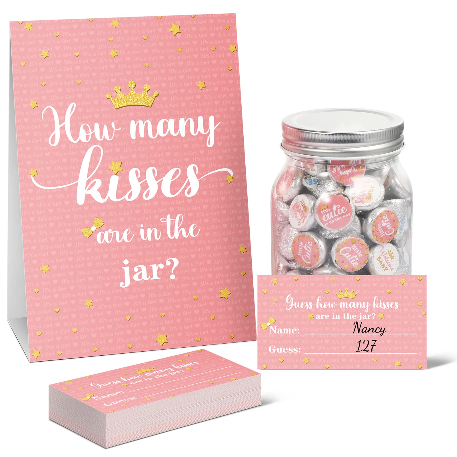 555 Pcs How Many Kisses Baby Shower Games, Pink and Gold Standing Sign Guessing Cards Baby Shower Kisses Stickers for Kids Girl Birthday Baby Shower Sprinkle Party Decoration (No Candy and Jar)