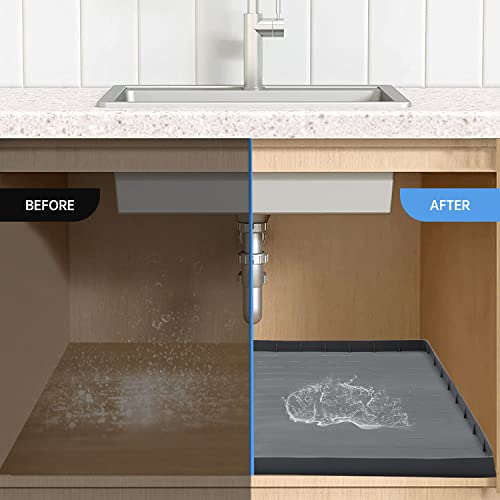 34 x 22 Inch Under Sink Mat for Kitchen Waterproof, Under Sink Tray with Drain Hole, Flexible Silicone Under Sink Mats, Sink Cabinet Protector Mats for Kitchen, Bathroom