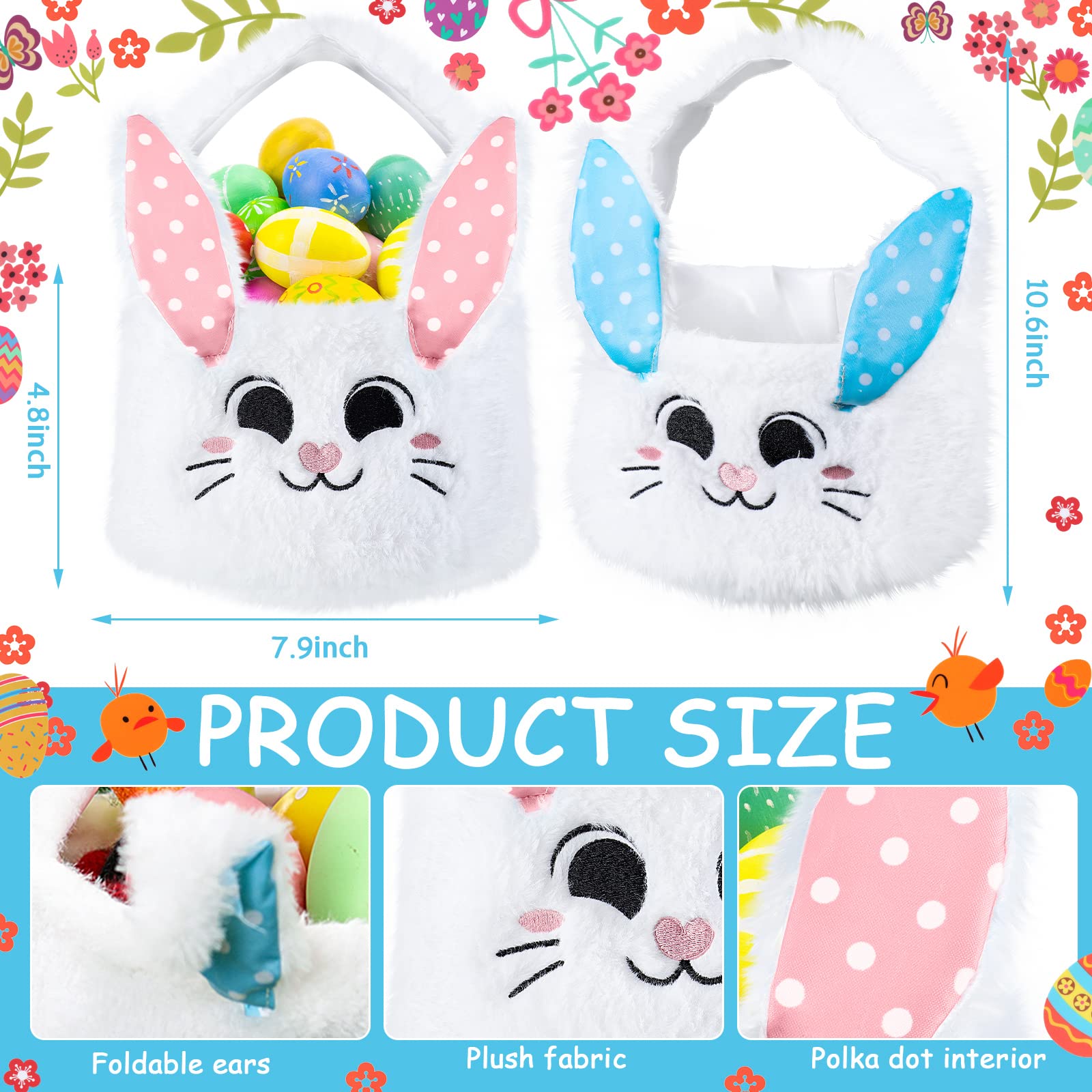 2 Pcs Plush Easter Bunny Basket Bunny Easter Buckets Fluffy Rabbit Easter Basket Bunny White Basket with Handle and Foldable Ear for Kid Adult, Easter Gifts Bunny Easter Egg Basket Hunt Event Supplies