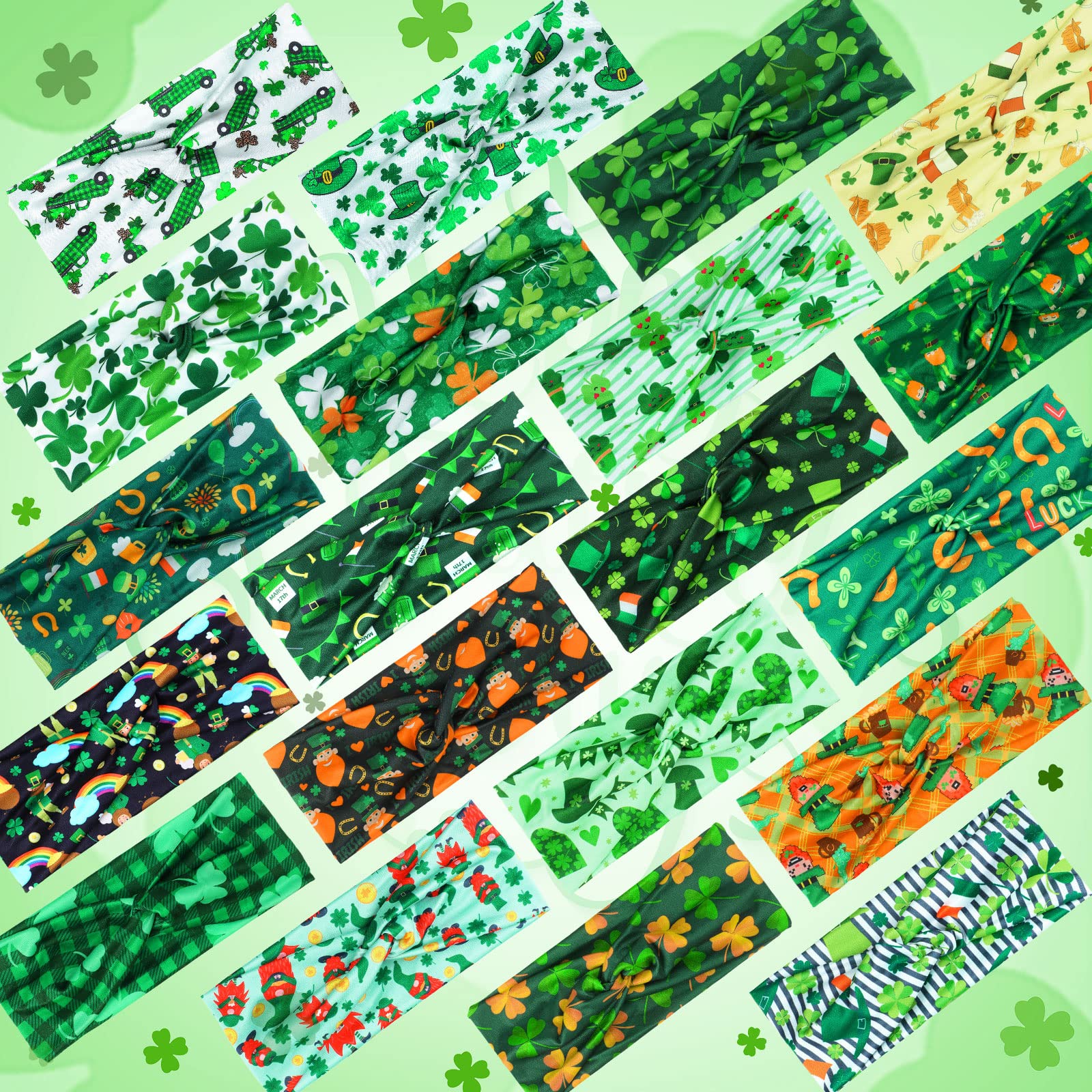 20 Pcs St. Patrick's Day Headbands Elastic Non Slip Hair Accessories Bulk Shamrock Pattern St. Patrick's Day Hairband for Women Girl