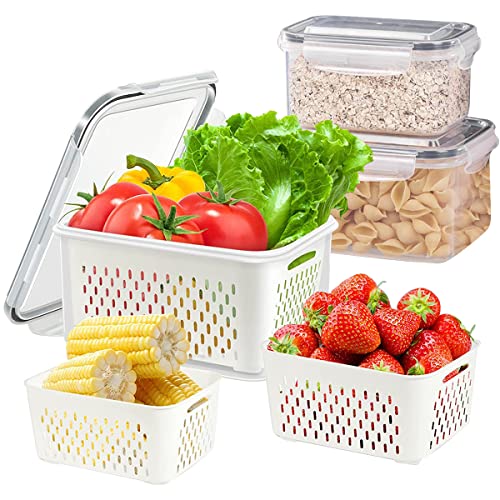 6 Pack Produce Saver Storage Containers , 3 fresh-keeping boxes + 3 drain baskets Multifunctional Draining Crisper with Strainers, Keep Vegetables Fresh ,Fresh Vegetable Fruit Storage Containers ,