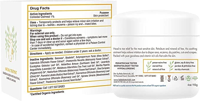 Babo Botanicals 70+% Organic Sensitive Baby All Natural Healing Ointment with Medical Grade Colloidal Oatmeal, Unscented 4 Ounce
