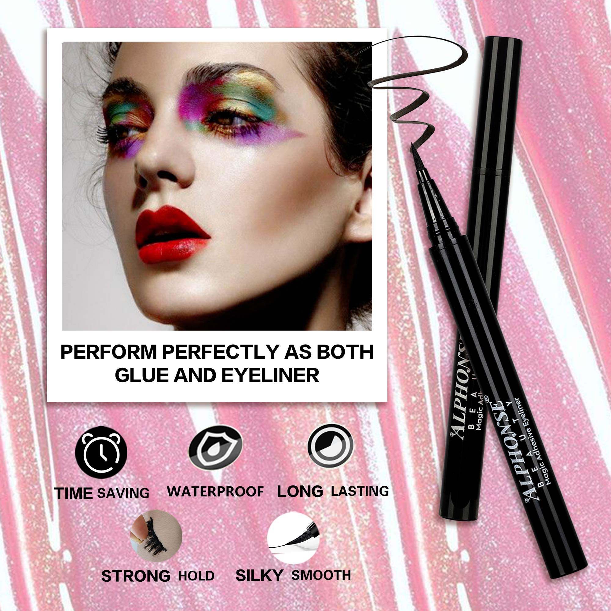 2-In-1 Self-Adhesive Eyeliner Instead of Eyelash Glue, ALPHONSE Waterproof Liquid Black Eyeliner Strong-Hold Eyeliner No Magnets No Glue