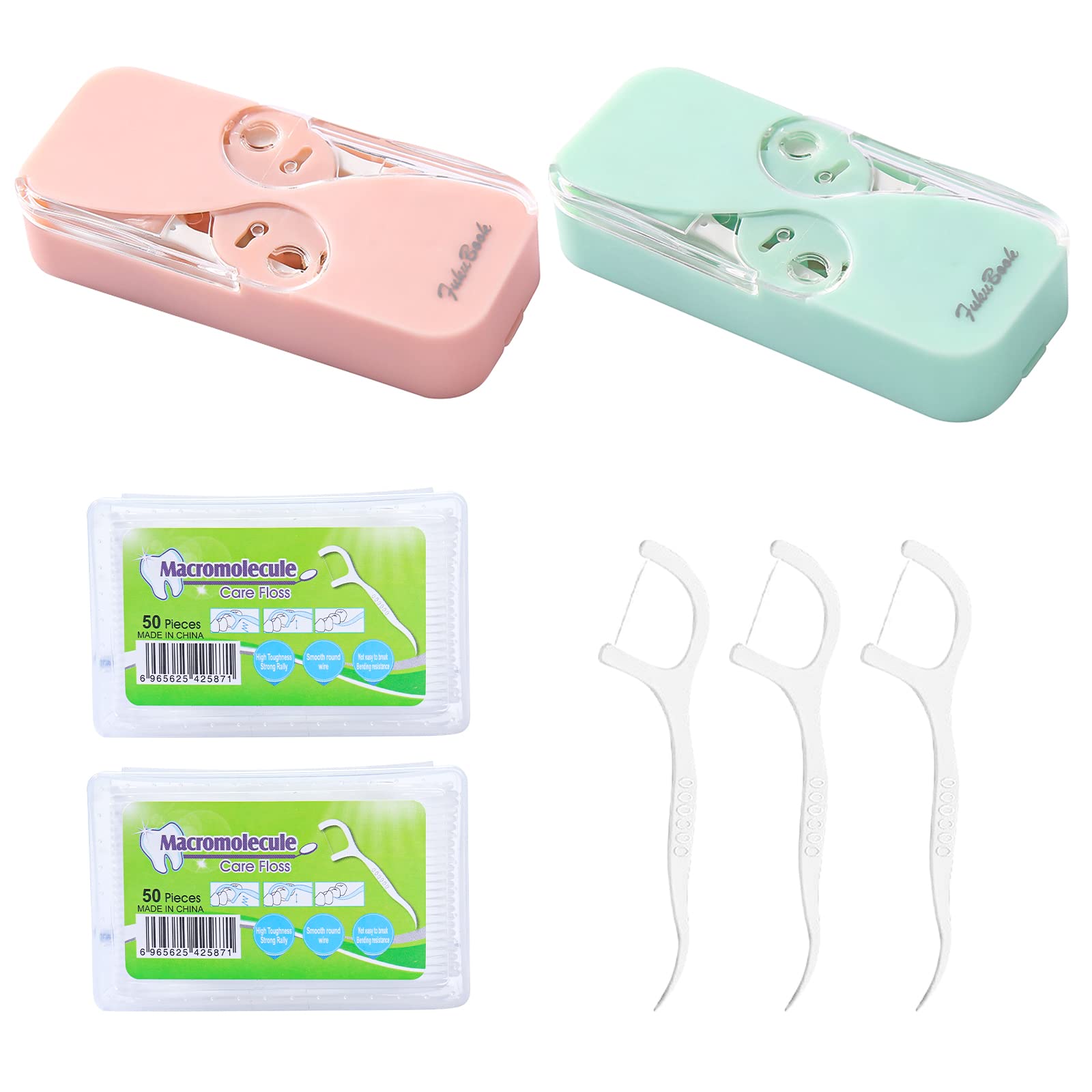 2 Pcs Portable Floss Dispenser, Dental Floss Dispenser with 124 Floss Pick, Refillable Floss Box Dispenser Portable Floss Pick Dispenser for Women Men Teeth Cleaning (Pink & Green)