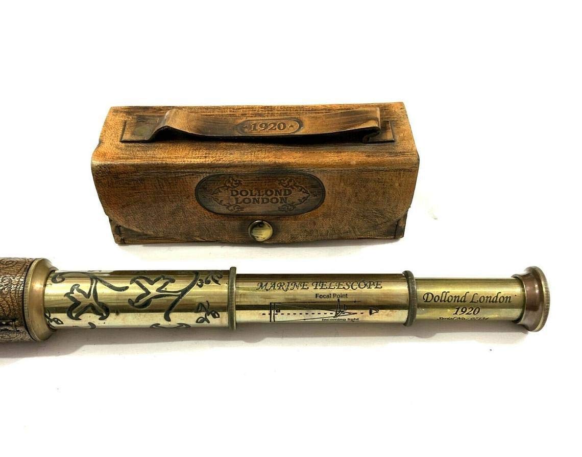 Decorative Telescope Antique Maritime Brass Spyglass 16" Dollond London Leather Engraved Telescope with Leather Case Collectible Nautical Telescope by HASSANHANDICRAFTS