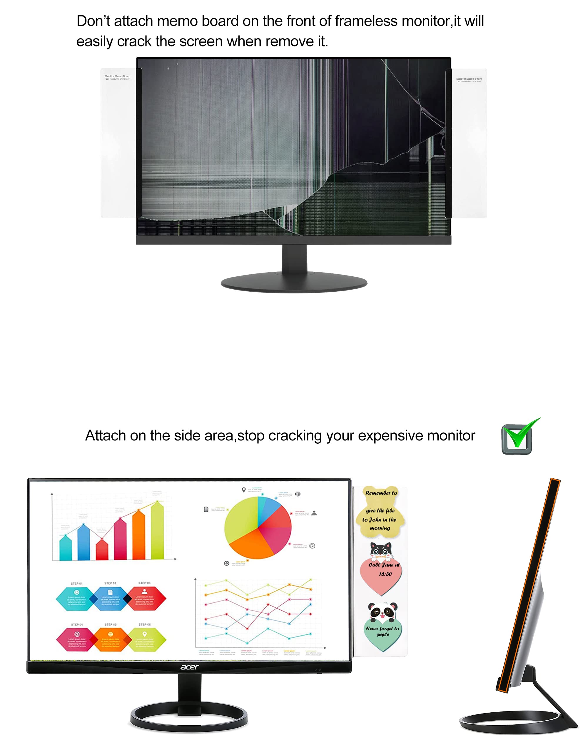2Pcs Computer Monitor Memo Board for Frameless Monitors, 15 X 3.54 Inch Large Monitor Message Board,Monitor Sticky Note Holder Computer Screen Sticky Notes Reminder Top Mount Left and Right