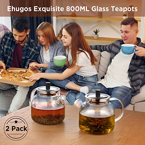 800ml Glass Teapot (2-Pack) with Removable Infuser Ehugos 27OZ Stovetop Safe Small Tea Pot, Blooming and Loose Leaf Hand Crafted Kettle for Women and Adult with Stainless Infuser