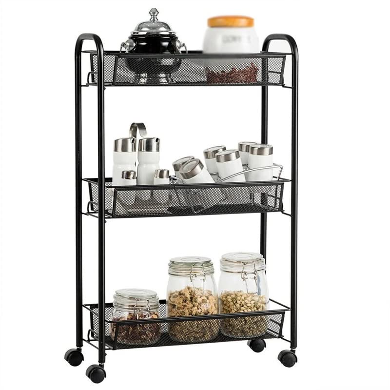BHVXW Trolley Rack Movable 3-Tier Floor-Standing Vegetable Basket Rack with Wheels