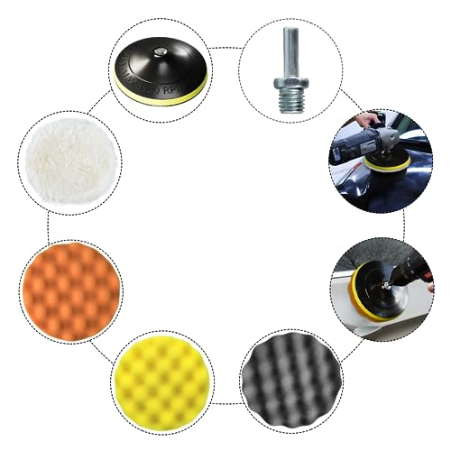 7 Pcs Waxing Buffing Pad Kit, 7 Inch Buffing and Polishing Pad Kit, 3 Pcs Polishing Sponge,2 Pcs Wool Pad, and a M14 Threaded Polisher Grip Backing Plate for Car Buffer Polisher, Polishing and Waxing