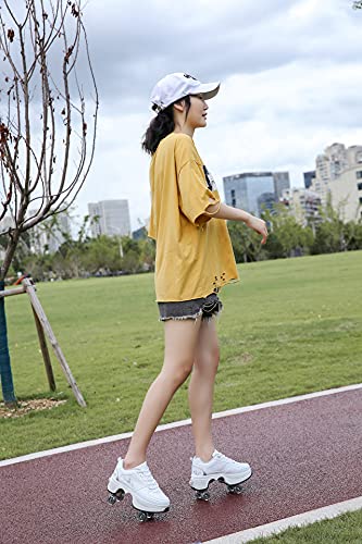 Women's Retractable Roller Skates Outdoor Girls Kick Roller Shoes Men Deformation Sneakers,White Silver (白银)-EU31/US3.5
