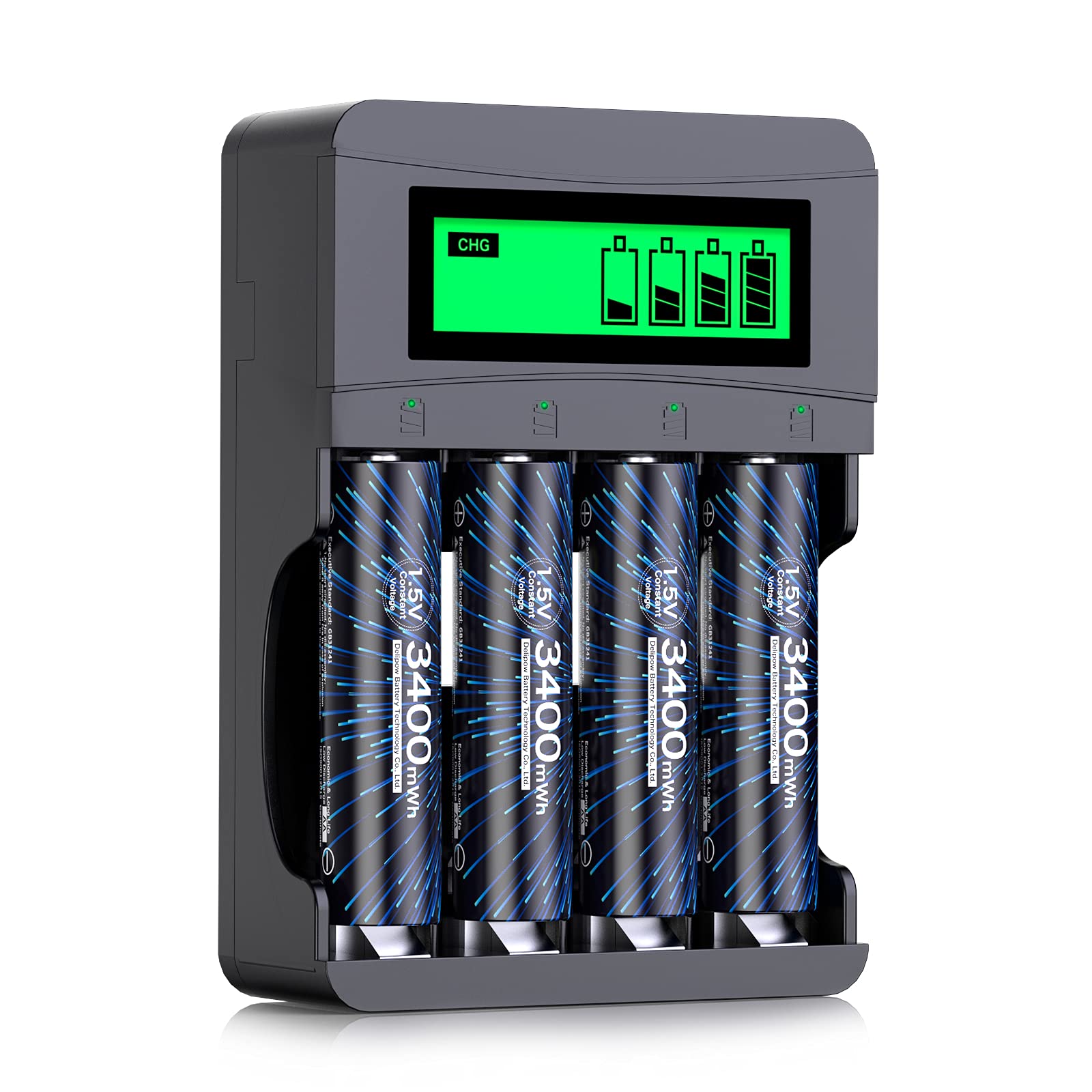Deleepow 1.5V AA Rechargeable Batteries, Li ion Batteries 3400mWh High Capacity with LCD Charger, 1500 Cycles, 1.5H Fast Charge, 4 Packs, for Cordless Phones, Household, Business Devices, Electronics
