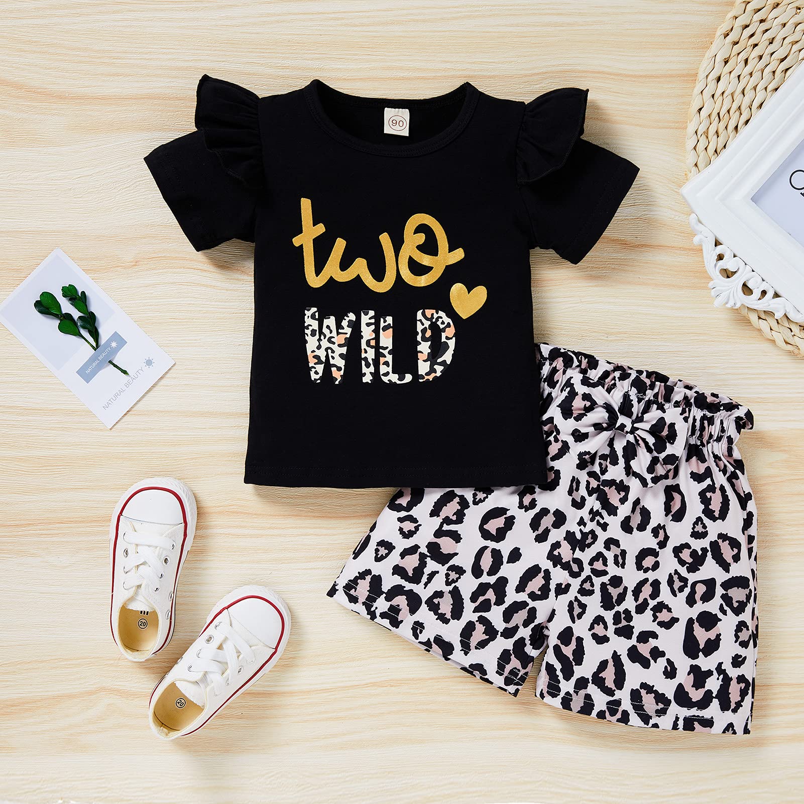 Viworld Baby Girl Two Birthday Outfits Ruffle Sleeve Wild Two Top + Leopard Shorts Set Cake Smash Summer Clothes(Leopard,2T
