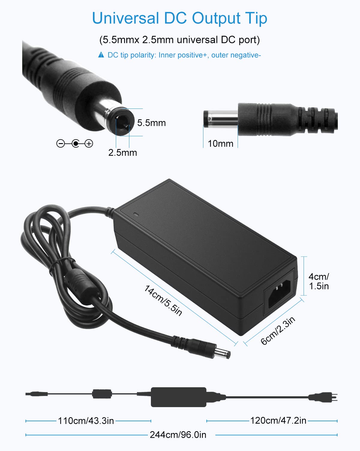 ALITOVE 24V 6A Power Supply Adapter Converter 100-240V AC to DC 24 Volt 144W 6Amp 5.5A 5A 4A Transformer with 5.5x2.5mm Plug for LED Strip Light CCTV Camera LCD Monitor Massage Chair