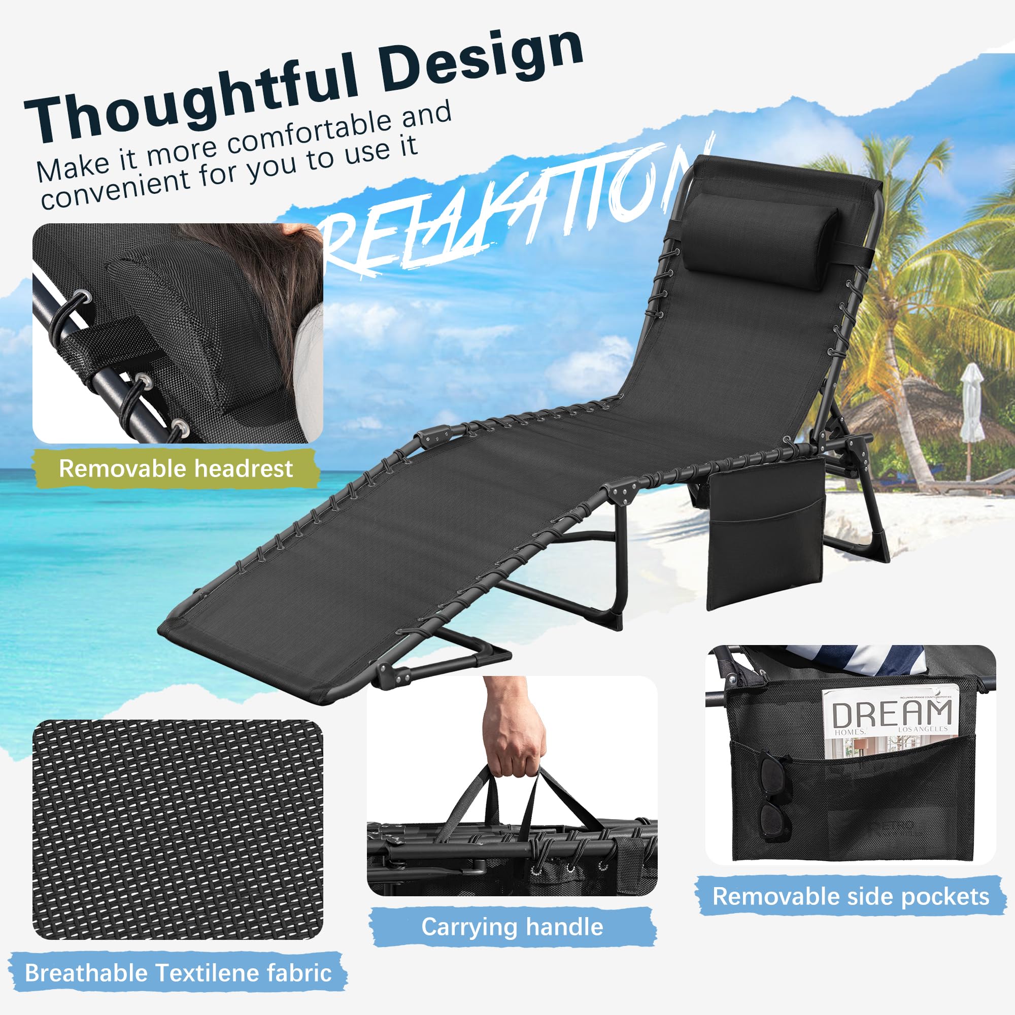 Greesum Chaise Lounge Folding Tanning Chair with 5 Position Adjustable Back, Detachable Pillow & Pocket for Outside Pool, Beach, Sunbathing, Beige w/Face Hole