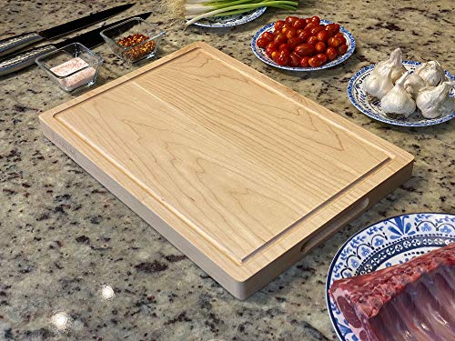 Wood Cutting Board Hard Maple 17x12x1.25 Inches Reversible with Handles and Juice Groove, Extra Thick Butcher Block Chopping Board Handmade By Ferrum.