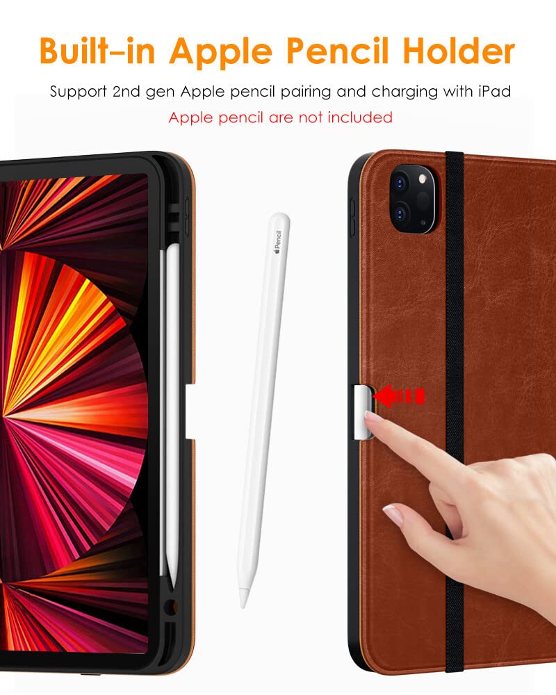 DTTO Case for iPad Pro 11 Inch 4th / 3rd / 2nd / 1st Generation 2022/2021/2020/2018,Premium PU Leather Folio Stand Cover with Hand Strap, Auto Wake/Sleep,Multiple Viewing Angles, Brown
