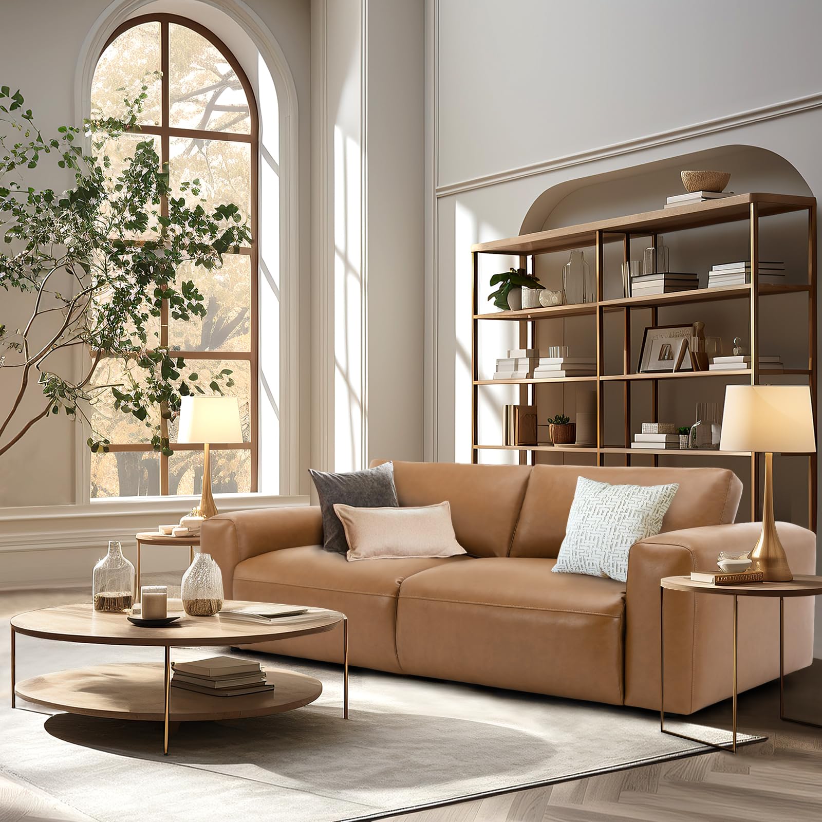 COLAMY 95Inches Oversized PU Leather Sofa for Living Room-Down Filled 3-Seater Modern Sofa with Extra Deep Seats, Wide Arm-Brown