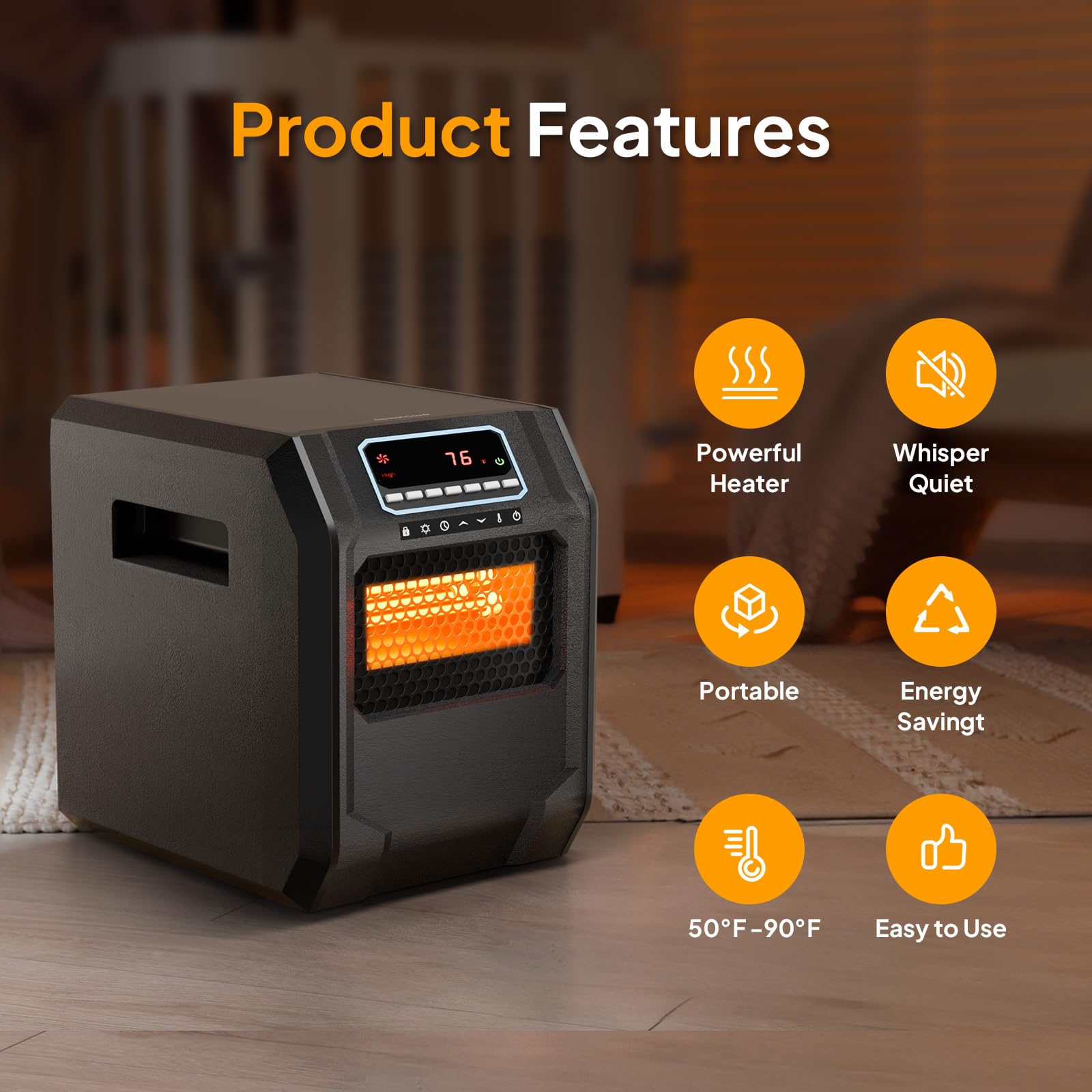 750W/1500W Electric Infrared Quartz Heater w/Remote Control, 4-Element Space Heater with Temperature Control, Timer, Overheat Shut Off Protection, 3 Heat Settings For Home Office Indoor, ETL