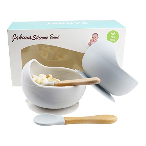 Jakuva Silicone Baby Bowls with Spoon, 2PCS Baby Feeding Set Suction Bowls for Kids Toddlers -BPA Free-Baby Dishes Utensils (Gray & White Marble)