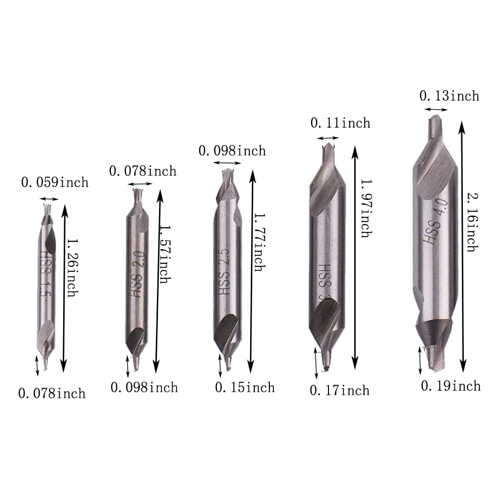 Combined Countersinks Drills Set Tool 5 Pack Center Drill Countersink Lathe Bit Mill Tooling Set Tip Angle 60 Degree Bits for Metal, Alloy, Copper, Iron, Aluminum, Titanium and Wood Working