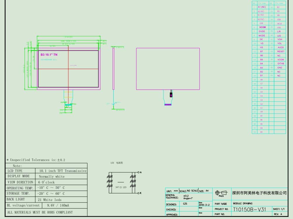 SANZAMELIN 10.1-inch 1024 * 600 Resolution RGB Interface IPS Without Backlit Capacitor TP Touch Screen